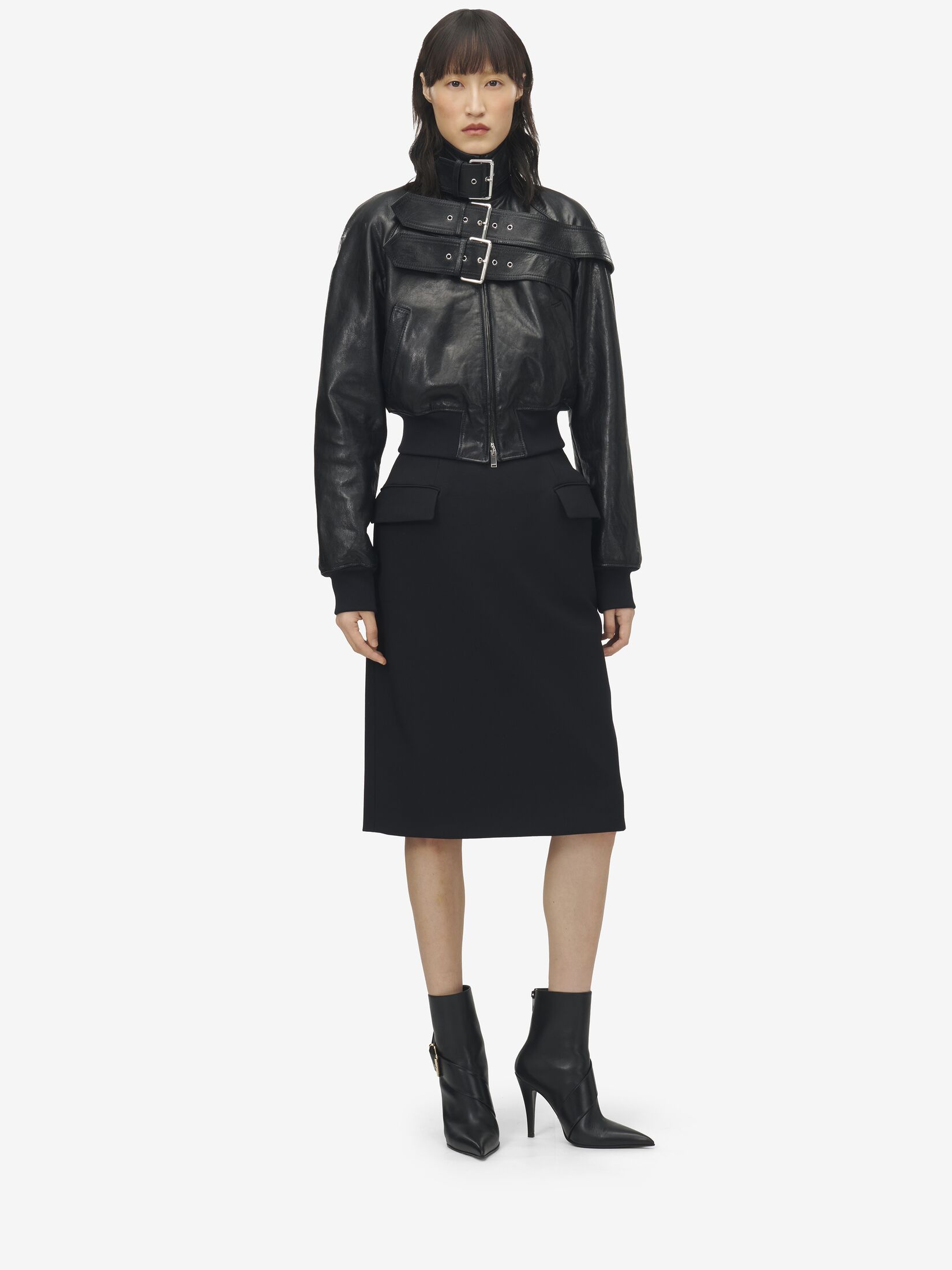 Women's Belt Detail Leather Jacket in Black | Alexander McQueen US