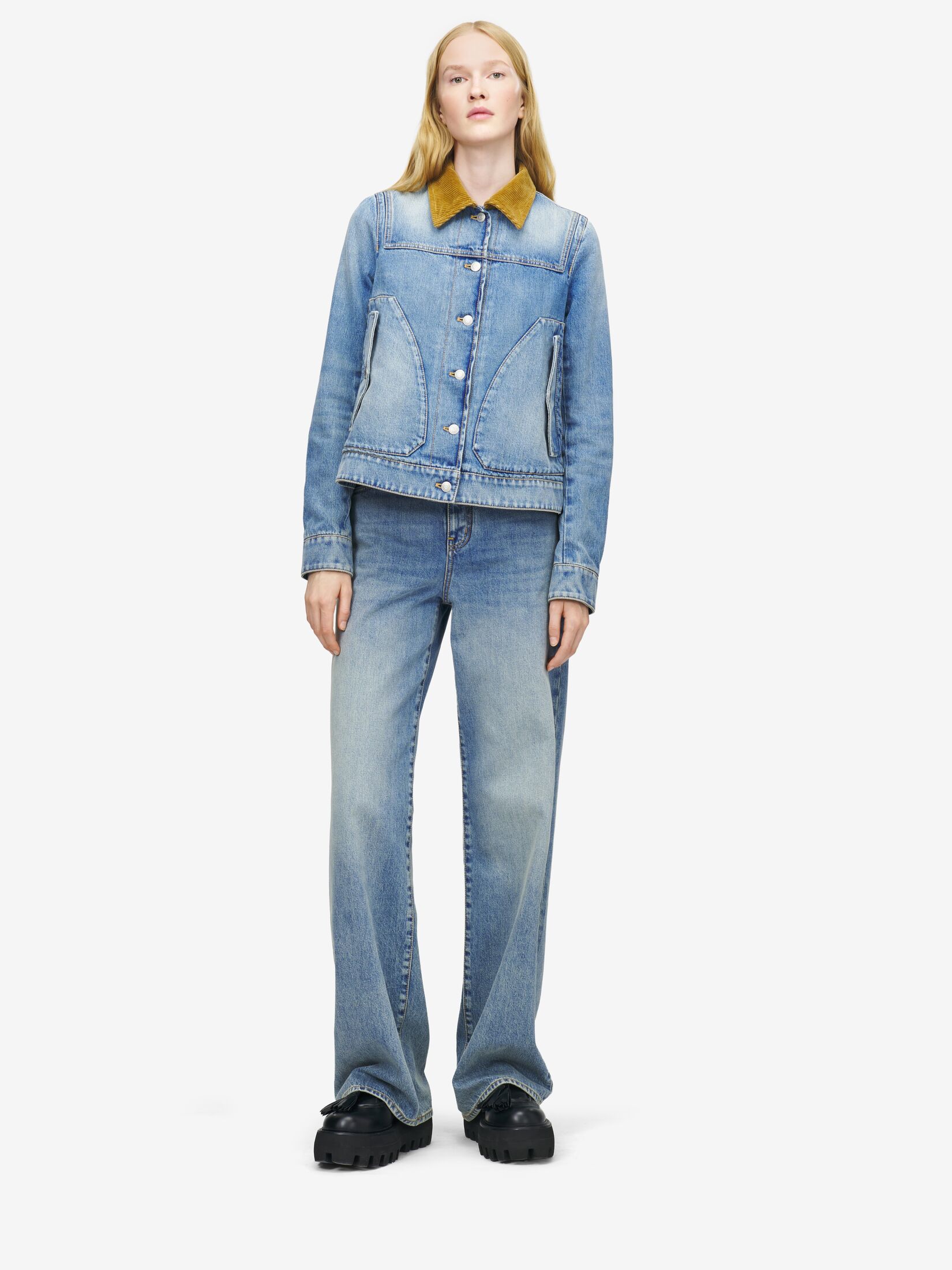 Women's Boxy Denim Jacket in Washed Blue | McQueen US