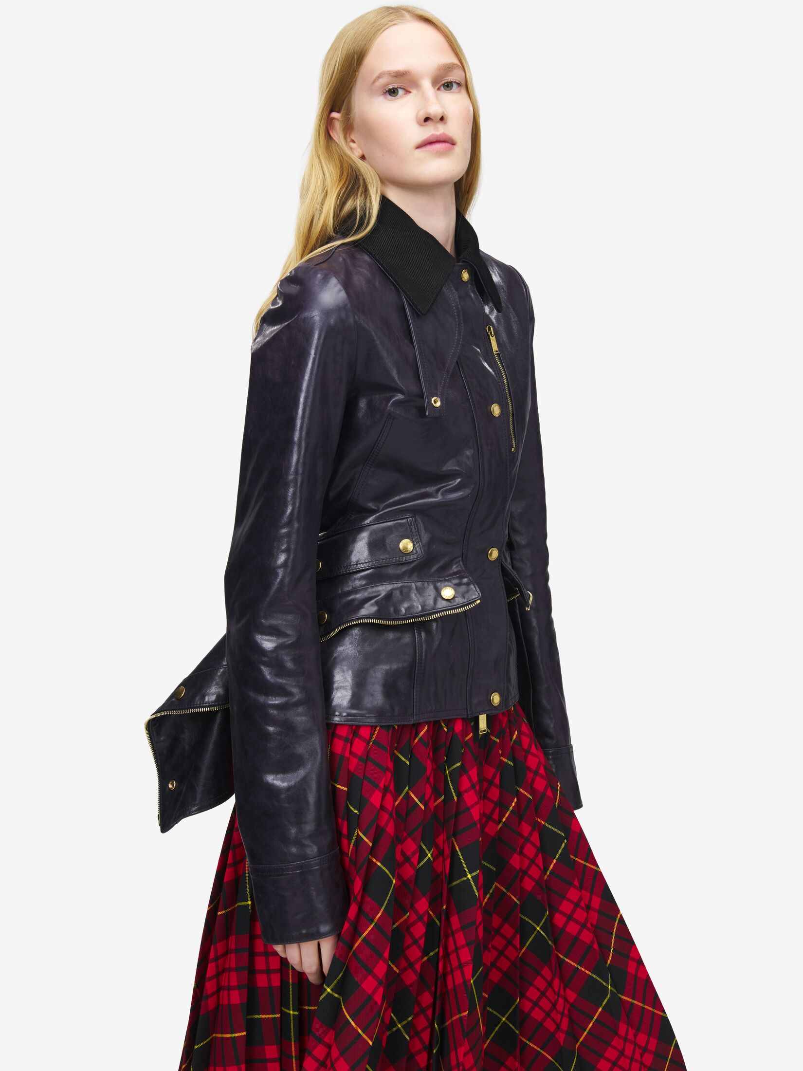 Women's Leather Kickback Jacket in Midnight Blue | Alexander McQueen GB