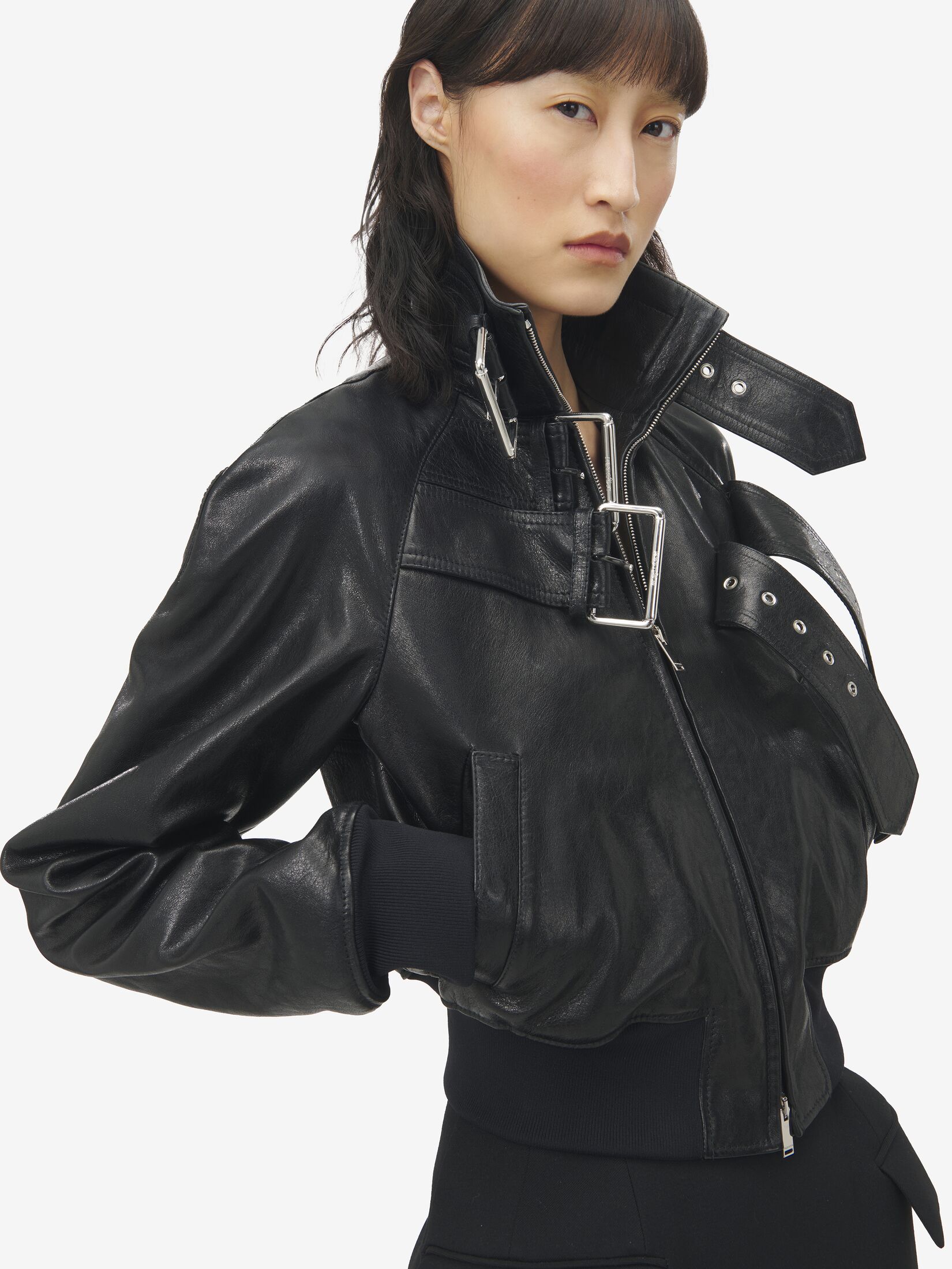 Women's Belt Detail Leather Jacket in Black | Alexander McQueen US