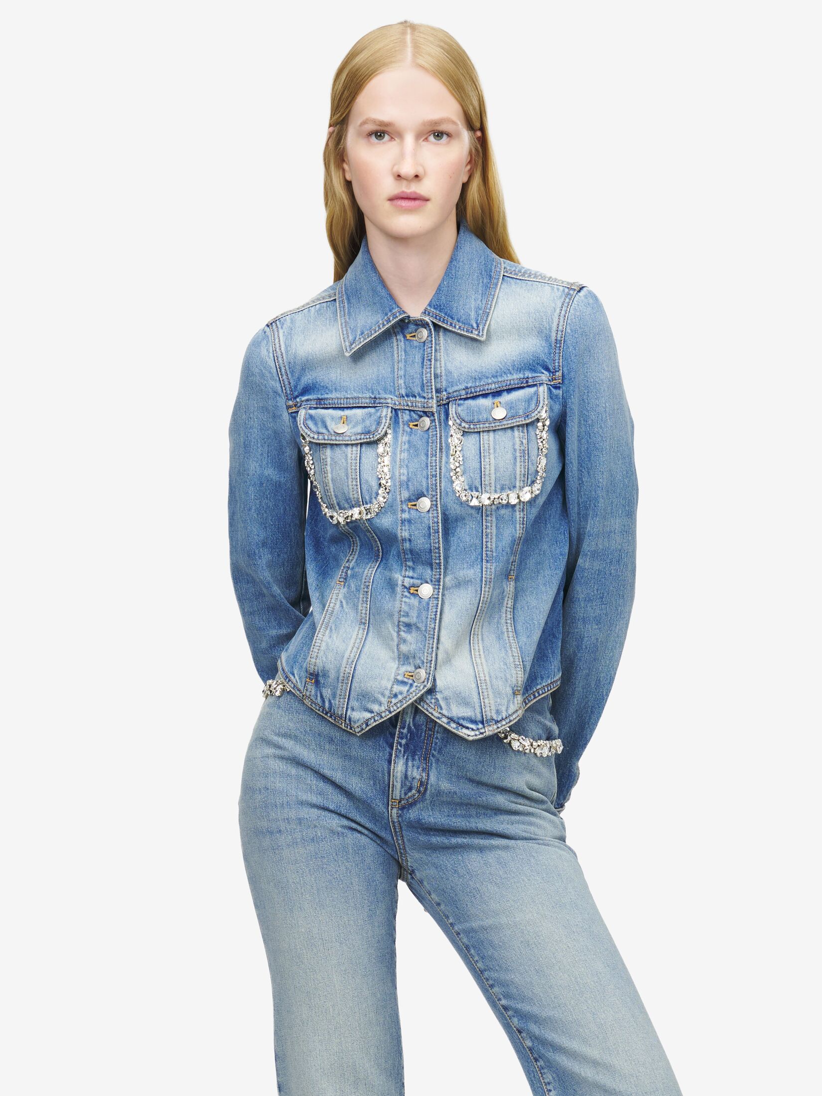 Women's Kickback Denim Jacket in Washed Blue | McQueen US
