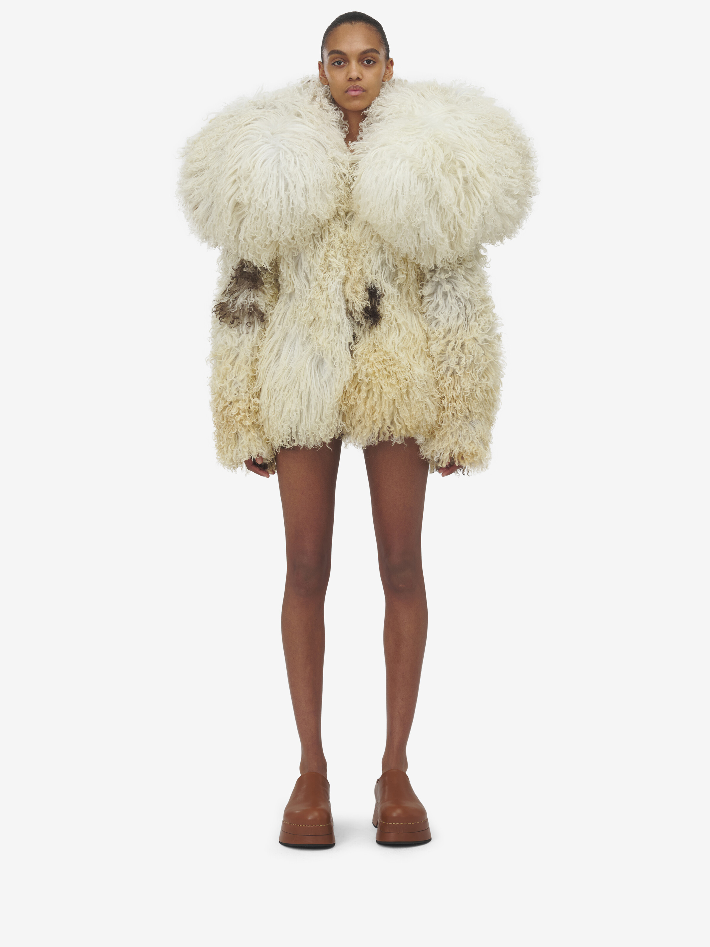 Exaggerated Shoulder Shearling Coat Beige for Women | Alexander McQueen