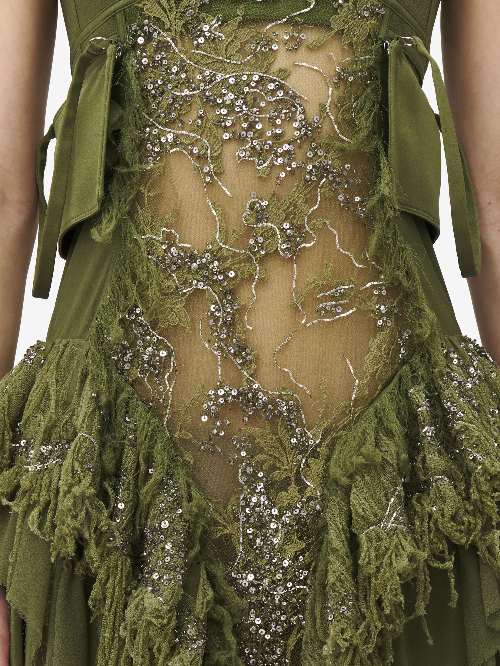 Women's Shredded Embroidery Asymmetric Dress in Green | McQueen US