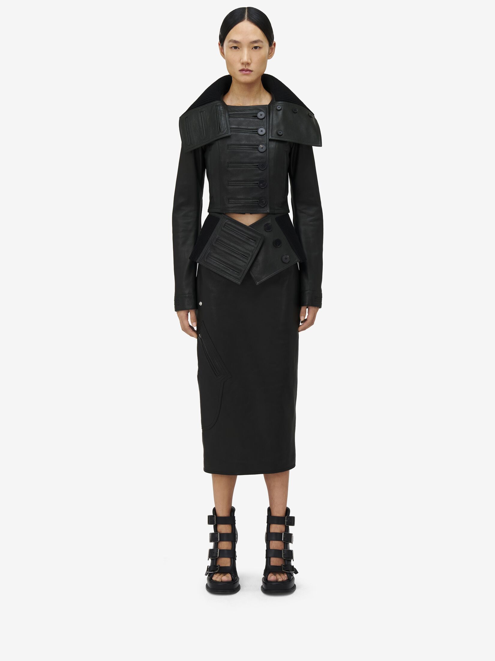 Exaggerated Buttonhole Leather Jacket Black for Women | Alexander McQueen